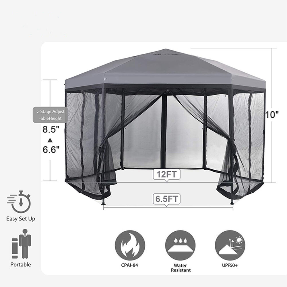Hexagon Pop Up Gazebo Canopy 12' x 10' Tent with Mesh Sidewalls, Gray ...
