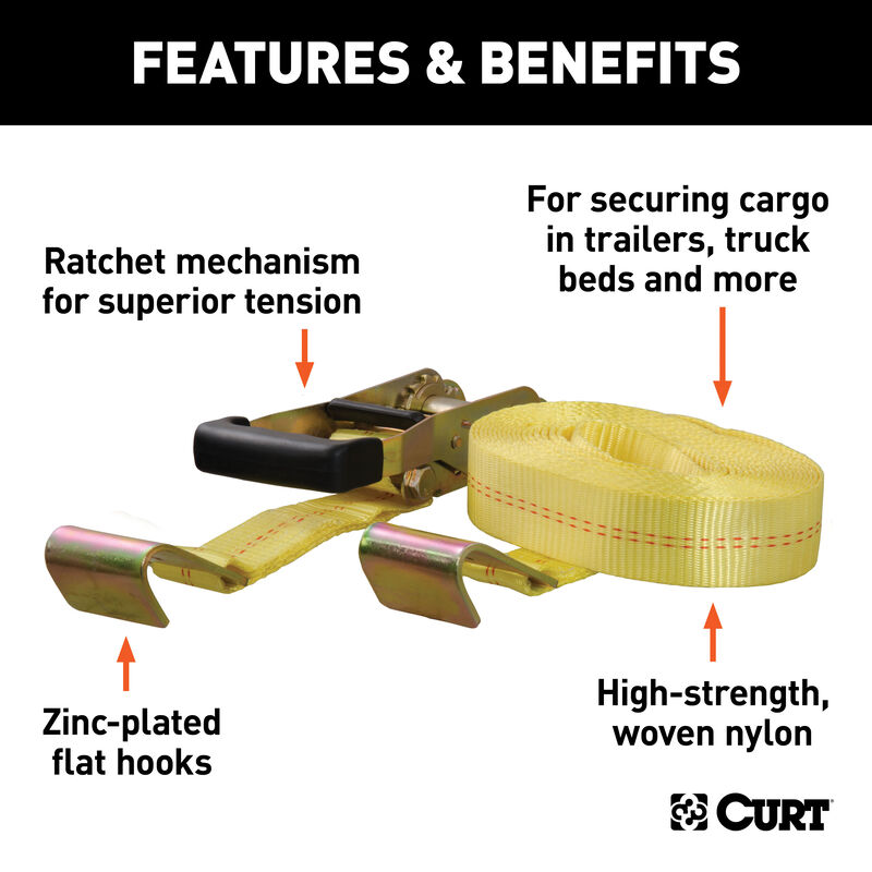 CURT 27' Yellow Cargo Strap with Flat Hooks, 3,333 lbs. | Overton's